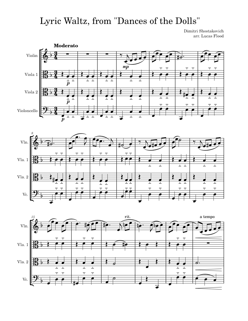 Lyric Waltz – Dmitri Shostakovich Sheet music for Violin, Viola, Cello (String Quartet ...