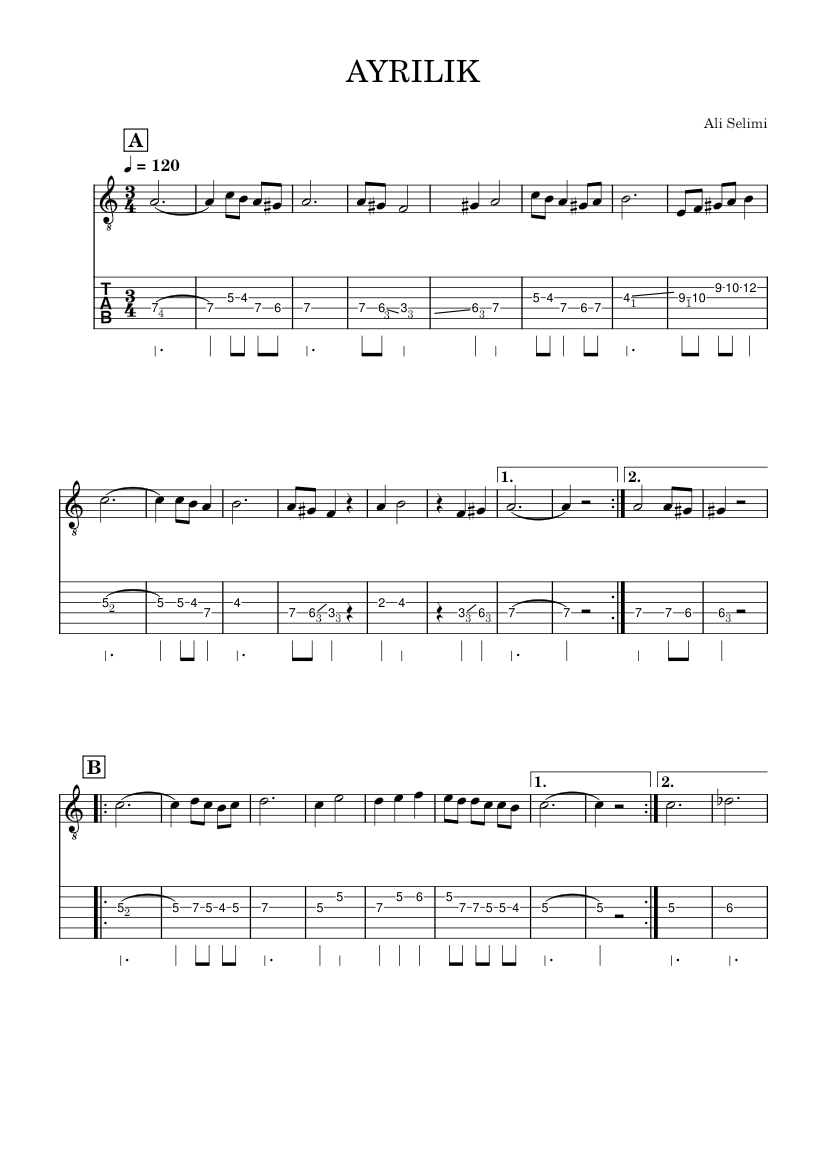 Ayrılık – Turkey Folk Song Sheet music for Piano, Guitar (Mixed Duet) | Musescore.com