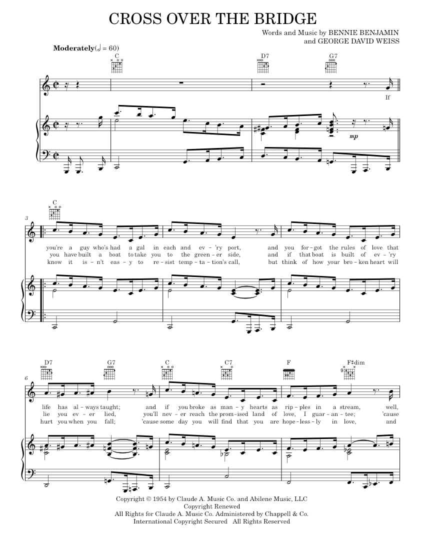 cross over the bridge Sheet music for Piano, Vocals by Patti Page ...