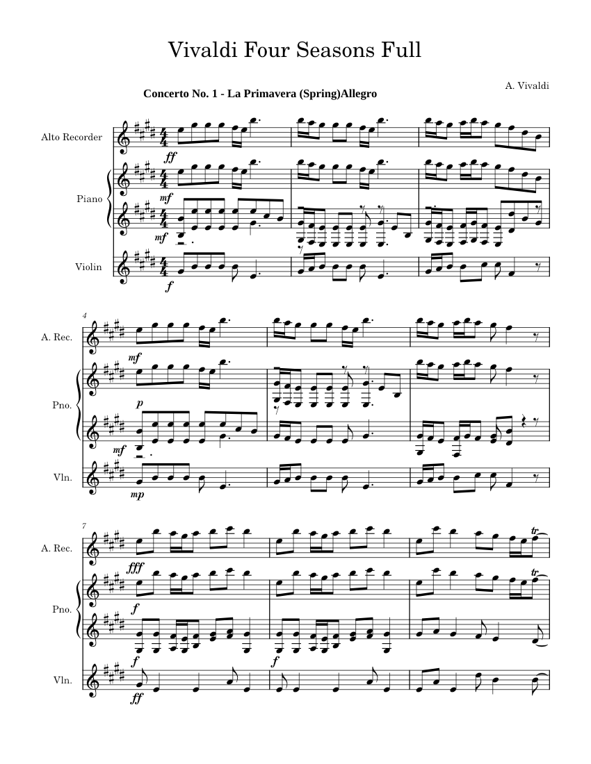 The Four Seasons – Antonio Vivaldi Antonio Vivaldi Four Seasons Sheet ...