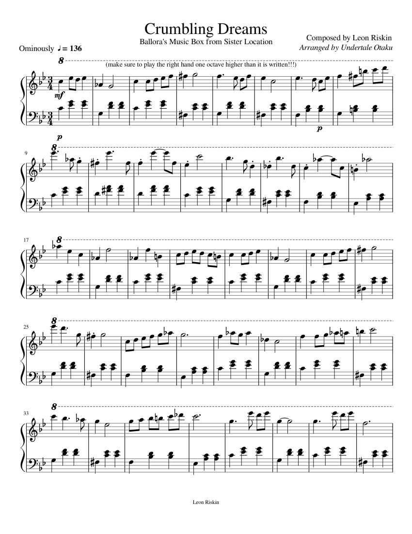 Crumbling Dreams (Ballora's Music Box) Sheet Music for Piano (Solo ...