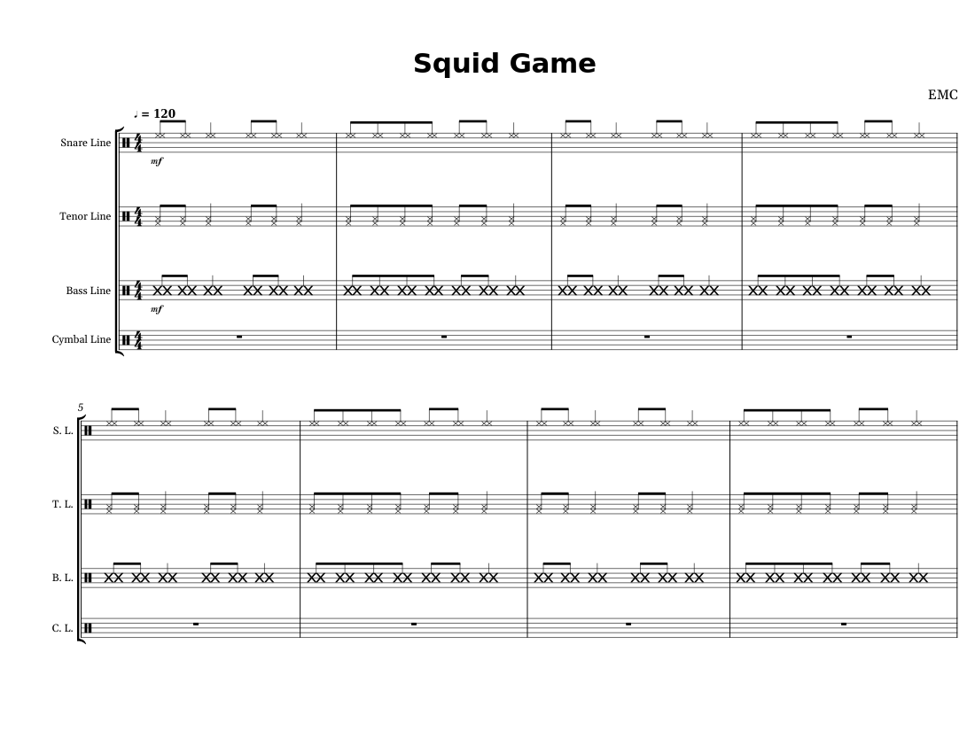 Squid Game Sheet music for Snare drum, Tenor drum, Bass drum (Marching ...