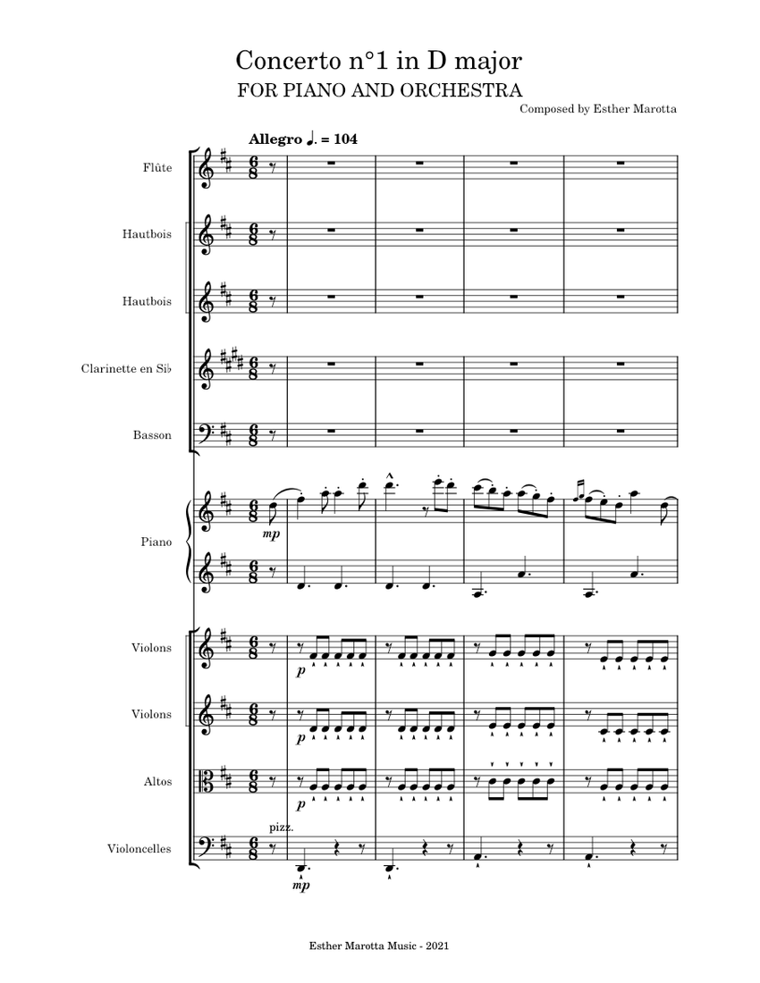 Concerto N°1 in D Major Sheet music for Piano, Flute, Oboe, Clarinet in ...