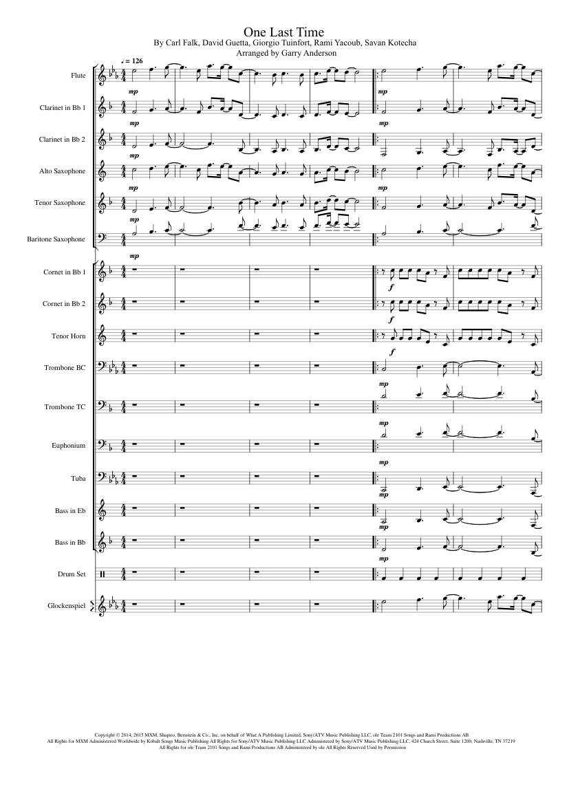 One Last Time Sheet Music for Cornet, Euphonium, Tuba, Trombone tenor ...