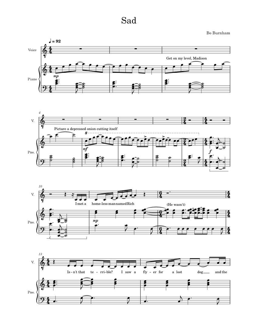 Sad – Bo Burnham (lyrics) Sheet music for Piano, Tenor (Piano-Voice ...