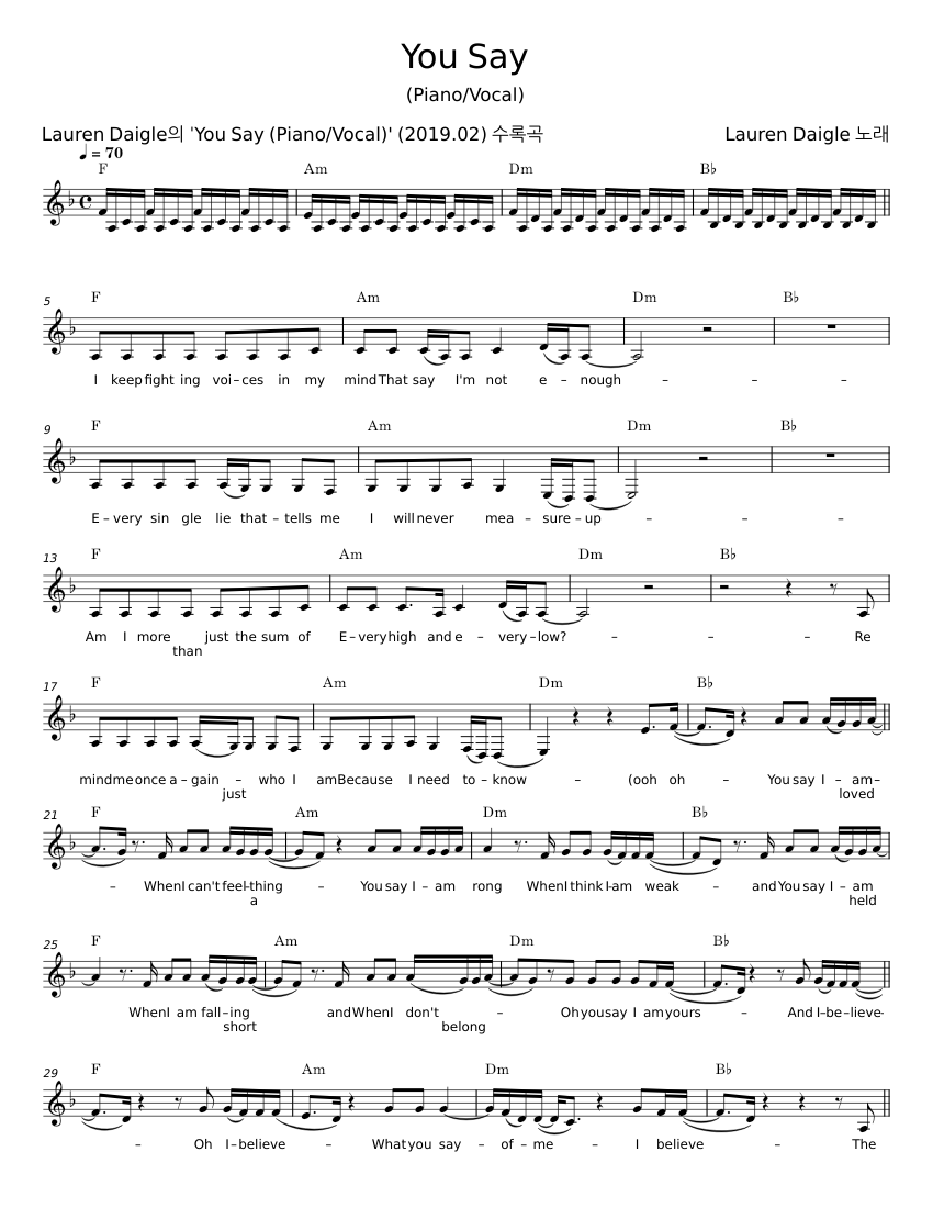 You Say - Lauren Daigle Sheet music for Piano (Solo) Easy | Musescore.com