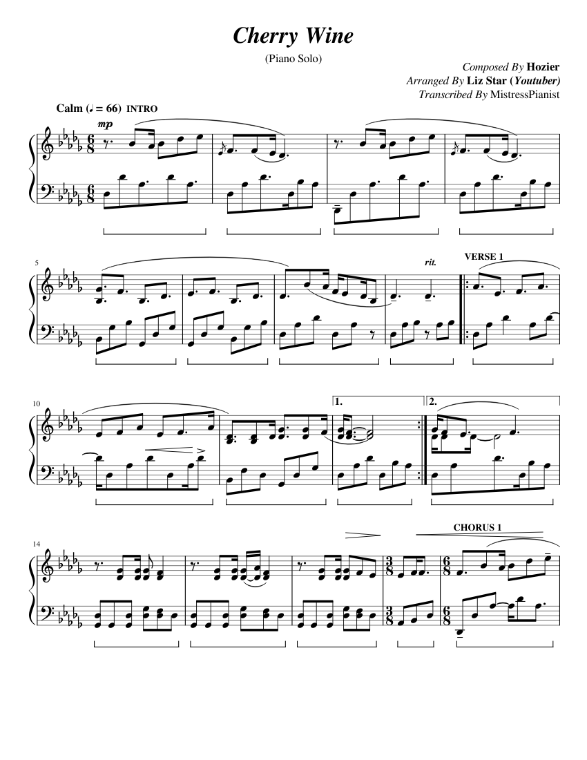Cherry Wine - Hozier (Piano solo) -- (LIZ STAR'S RENDITION) Sheet music for Piano (Solo) Easy ...