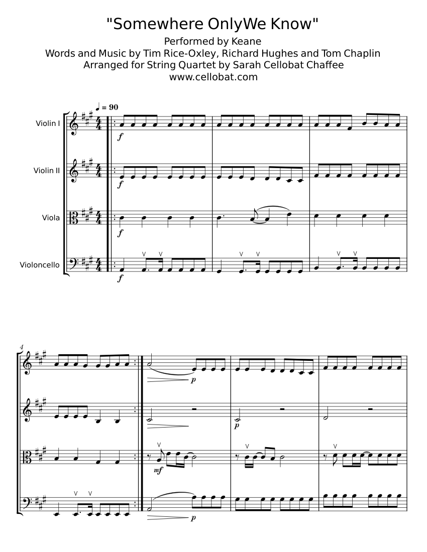 Somewhere Only We Know - Keane Sheet music for Violin, Viola, Cello (String Quartet) | Musescore.com