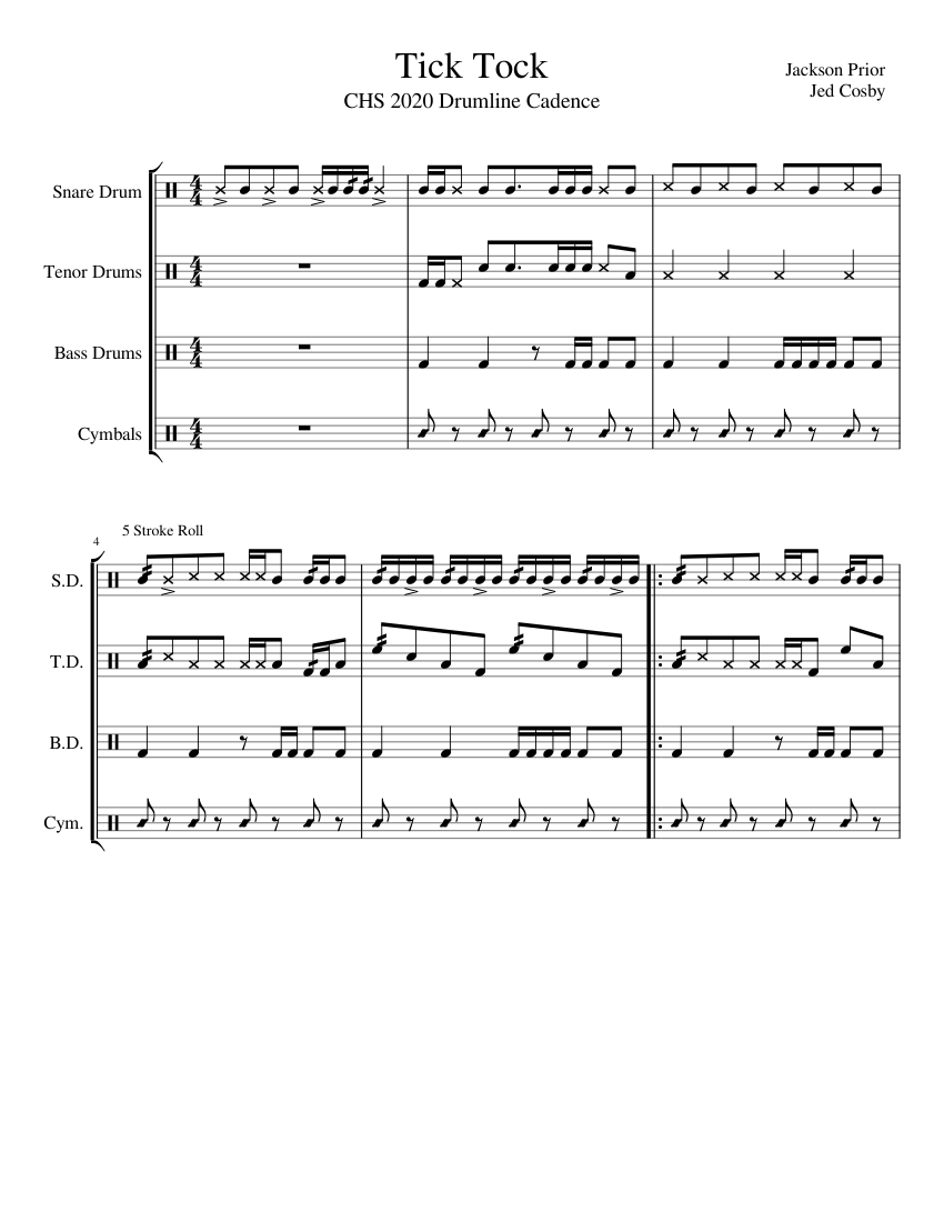 Tick Tock Sheet music for Snare drum, Crash, Tenor drum, Bass drum ...