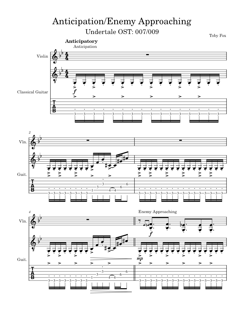 Anticipation/Enemy Approaching Sheet music for Violin, Guitar (Mixed ...