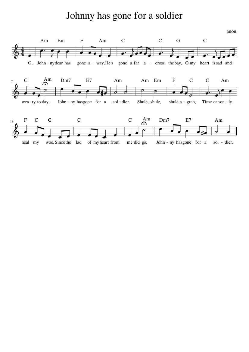 Johnny has gone for a soldier Sheet music for Piano (Solo) Easy ...