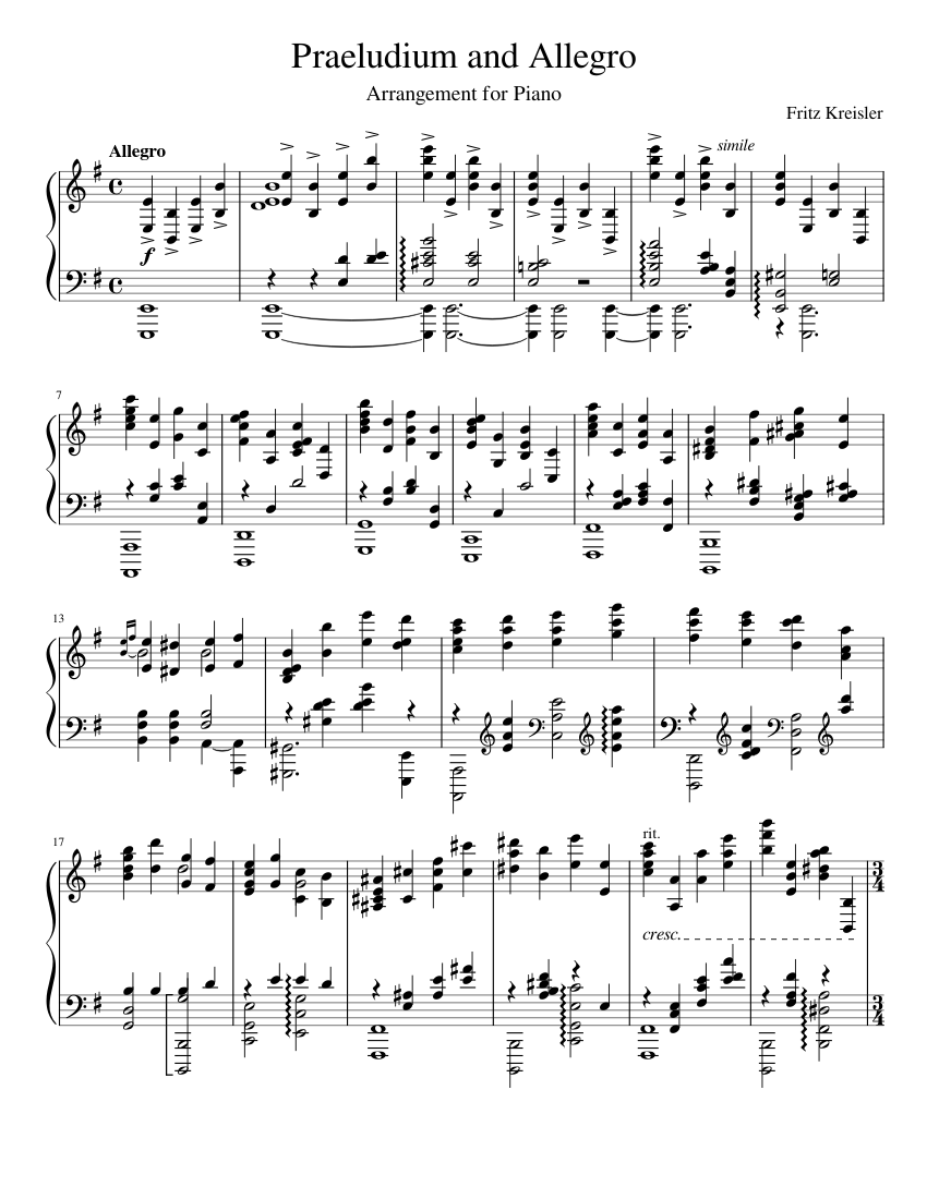 Praeludium and Allegro – Fritz Kreisler (Arrangement for Piano) Sheet ...