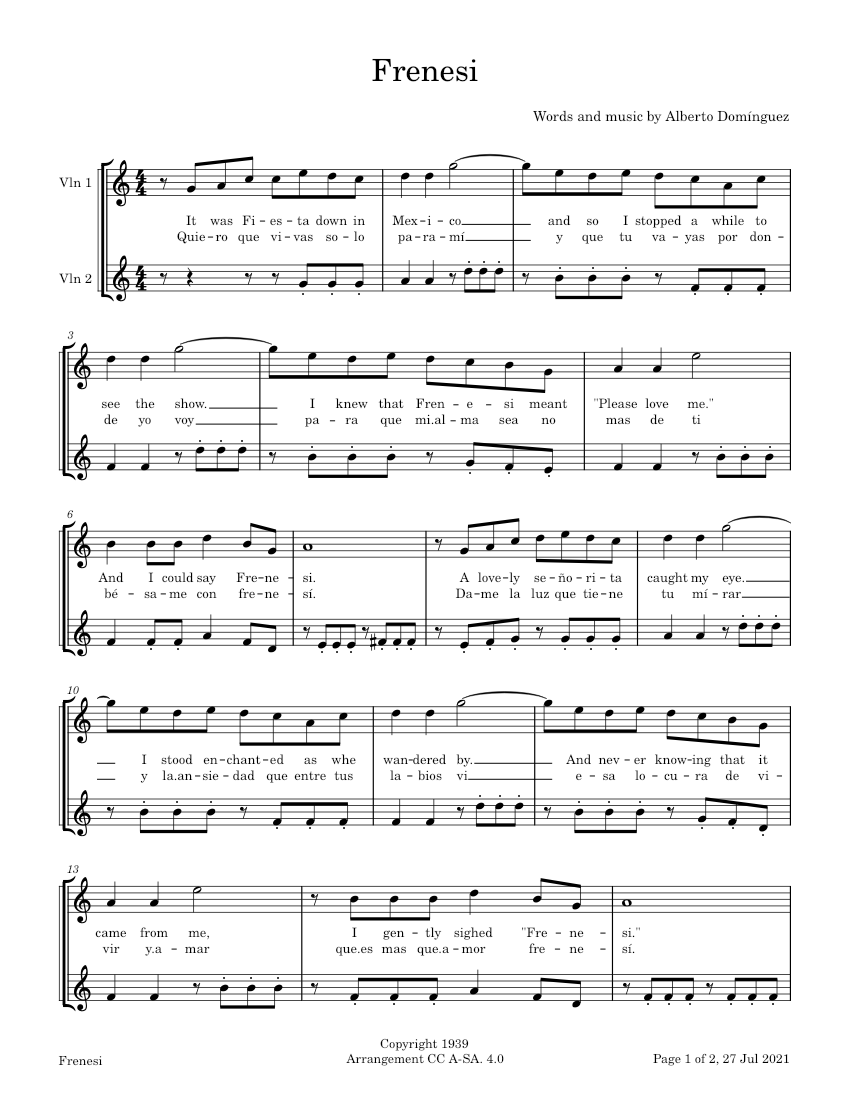 Frenesí – Alberto Domínguez Borras Sheet music for Violin (String Duet ...