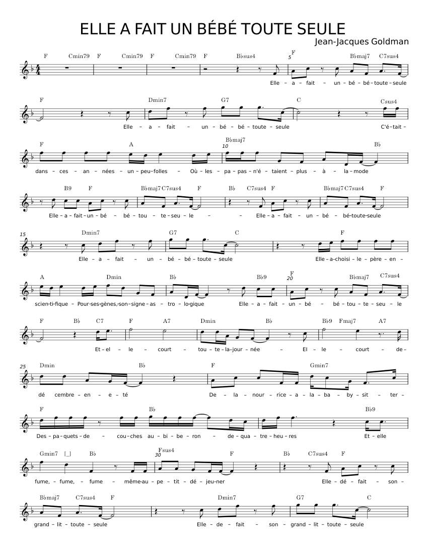Elle a fait un bebe toute seule - Jean-Jacques Goldman Sheet Music for ...