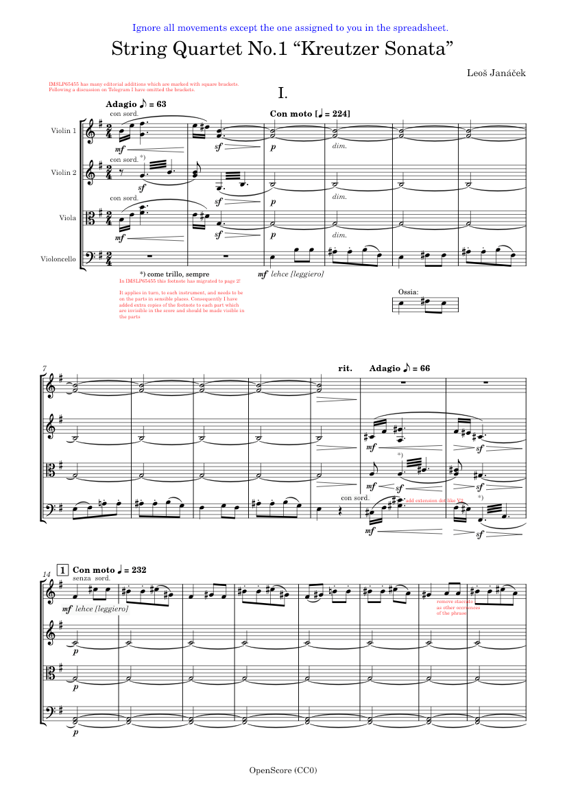 String Quartet No.1 'Kreutzer Sonata' – Leoš Janáček Sheet music for Violin, Viola, Cello ...