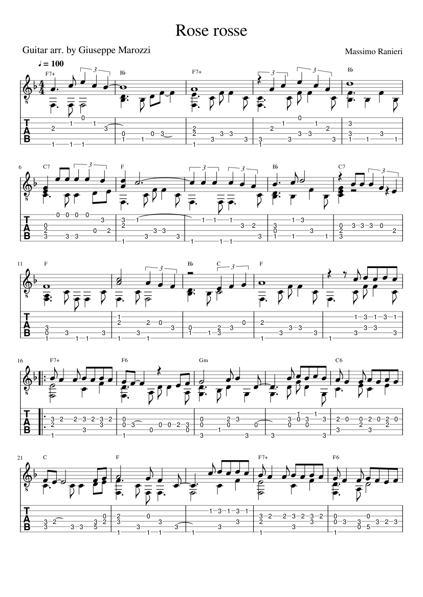 Rose rosse - Massimo Ranieri Sheet Music and Tab with Chords for Guitar ...