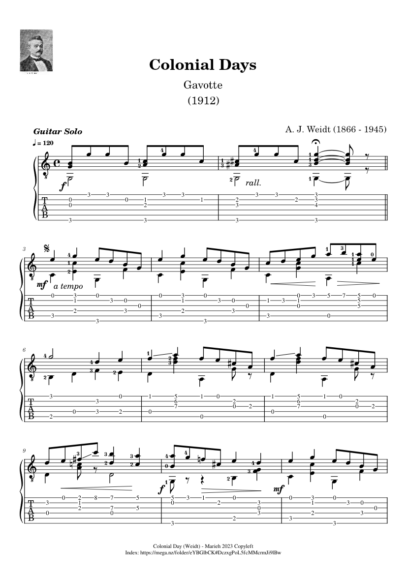 Colonial Days – A. J. Weidt (1866 - 1945) - Tablature Sheet music for ...
