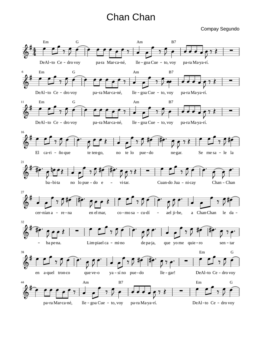 Chan chan Sheet music for Vocals (Solo) | Musescore.com