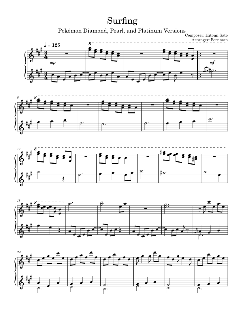 Surfing - Pokemon DPP – Hitomi Sato Sheet music for Piano (Solo) Easy ...