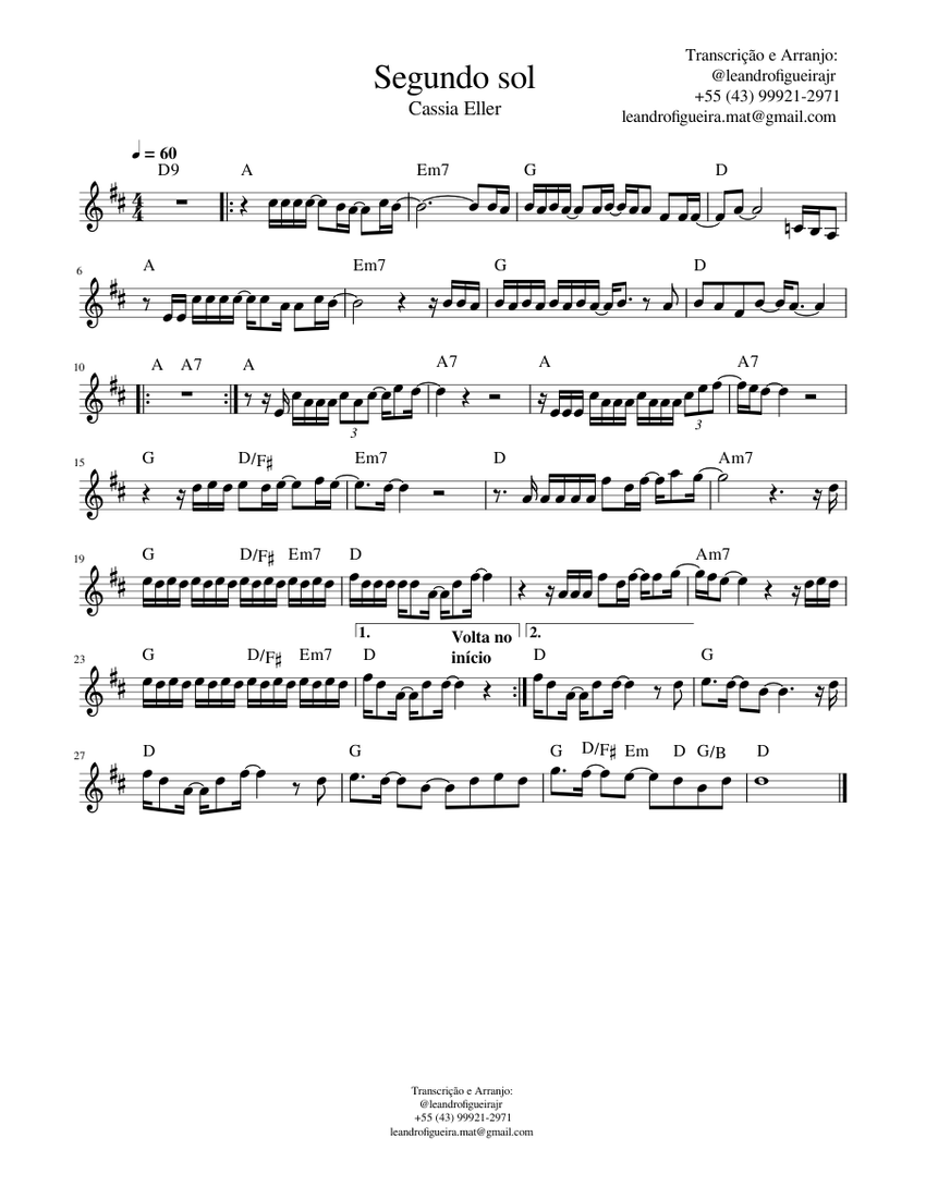 Cassia Eller - Segundo sol - Nando Reis Sheet music for Piano (Solo ...