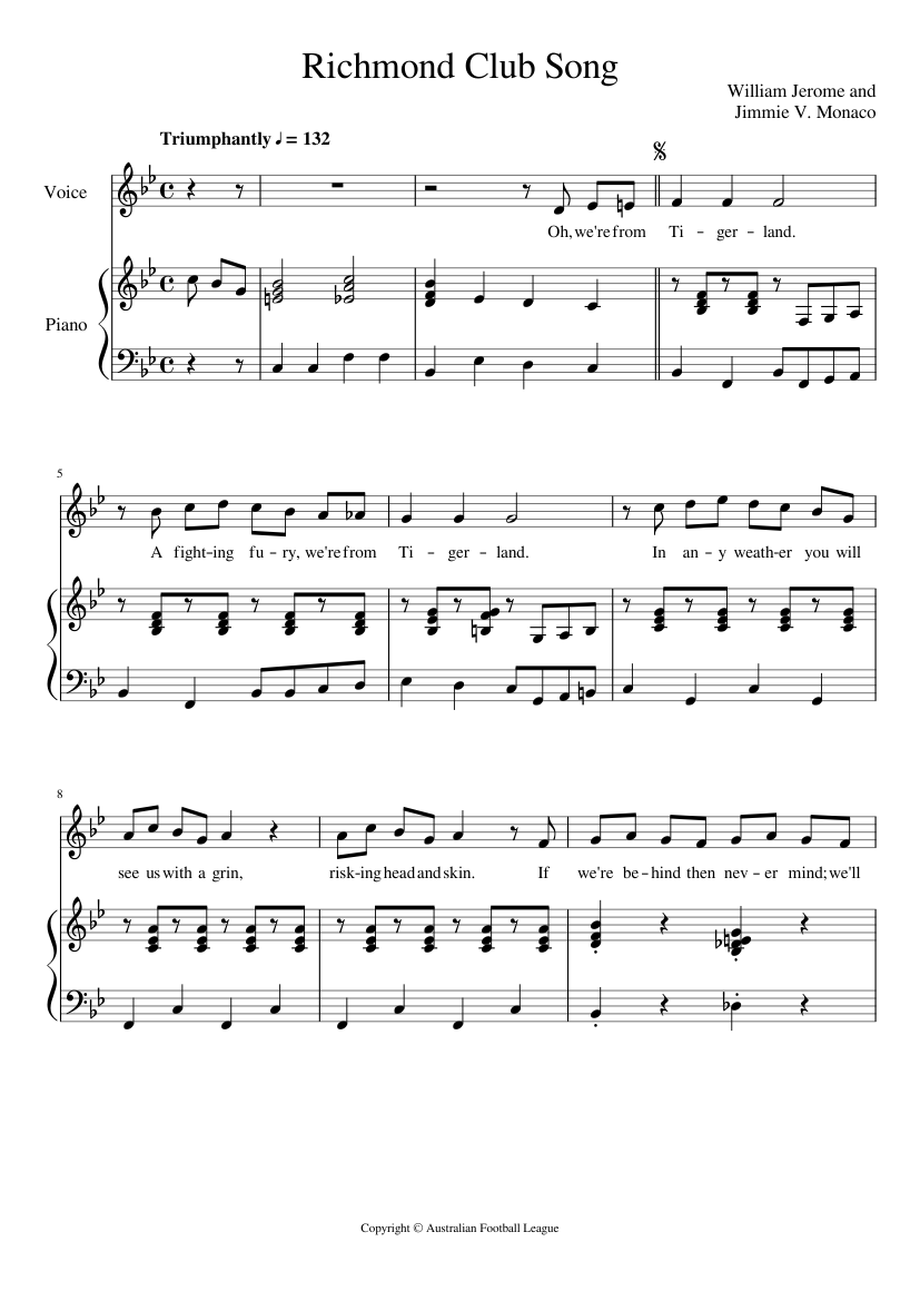 Richmond Football Club Song Sheet Music for Piano, Vocals (Piano-Voice ...