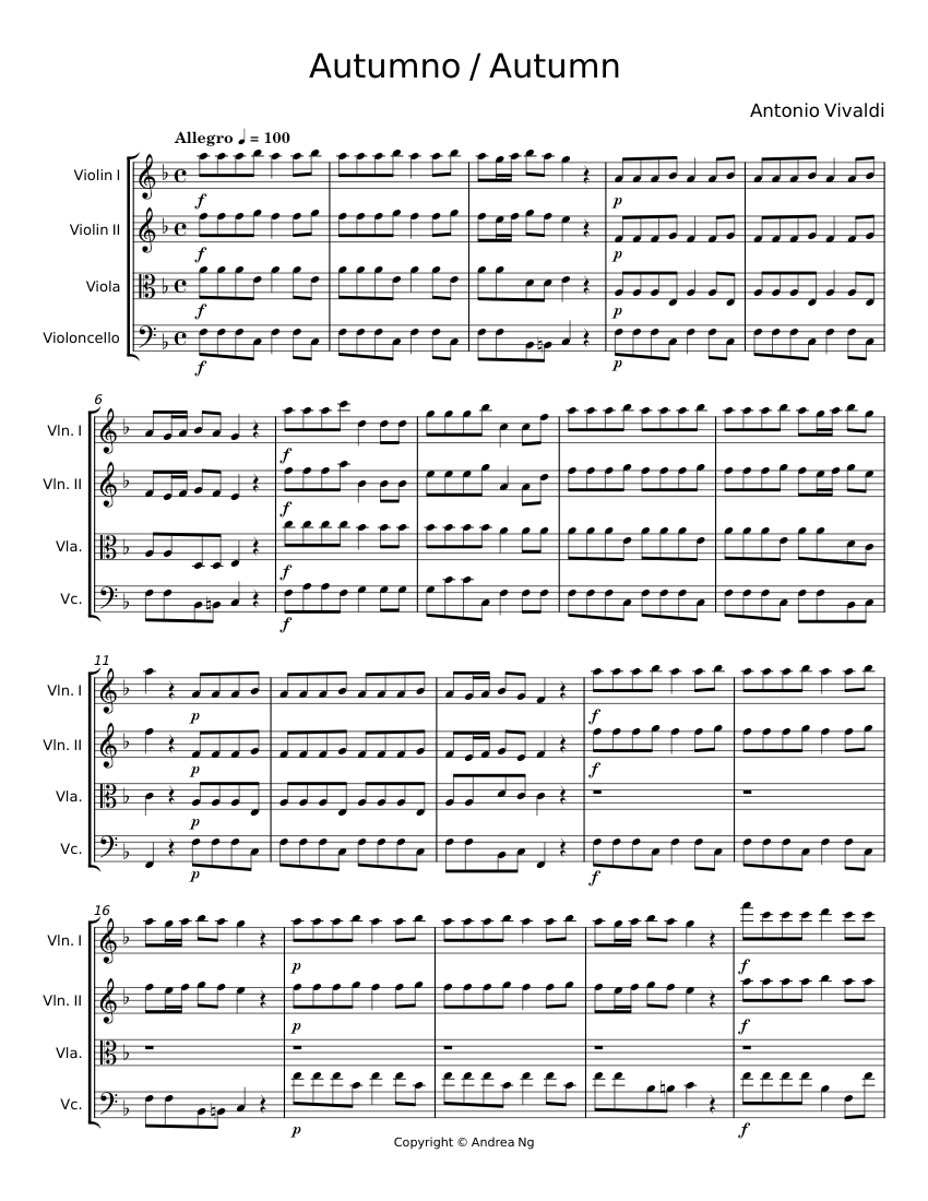 Autumn - Antonio Vivaldi Sheet music for Violin, Viola, Strings group (Mixed Quartet ...