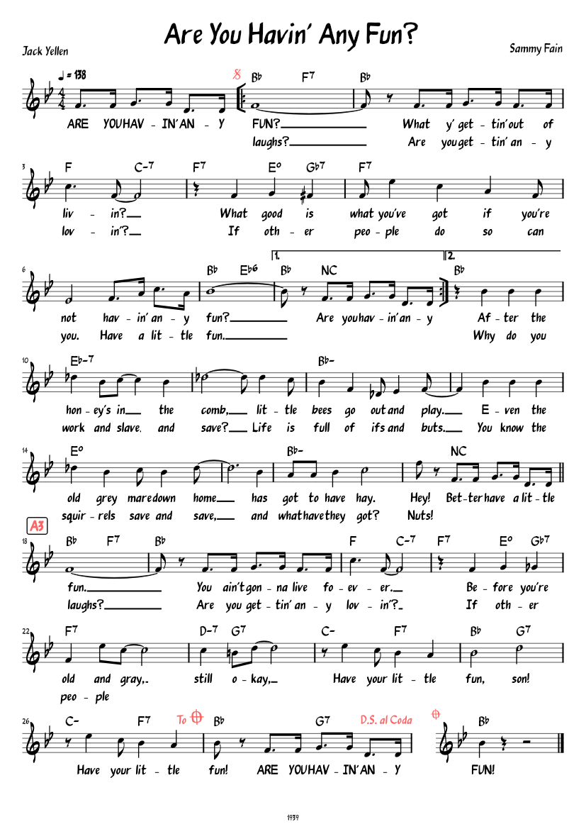Are You Havin' Any Fun? (Lead sheet with lyrics ) Sheet music for Piano ...