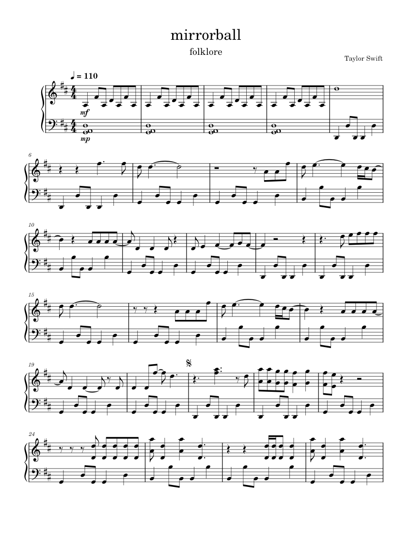 Mirrorball – Taylor Swift Mirrorball - Taylor Swift Sheet Music for ...