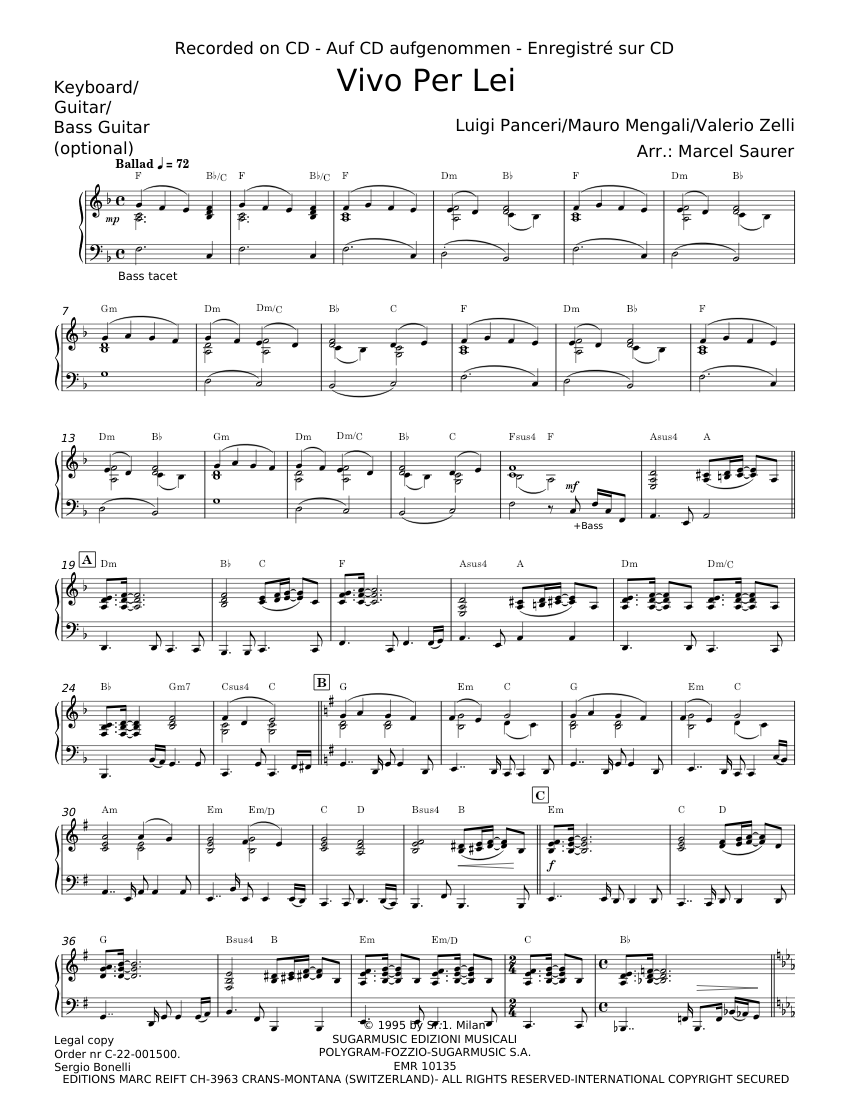 Vivo per lei - Luigi Panceri;Mauro Mengali;Valerio Zelli Sheet music ...