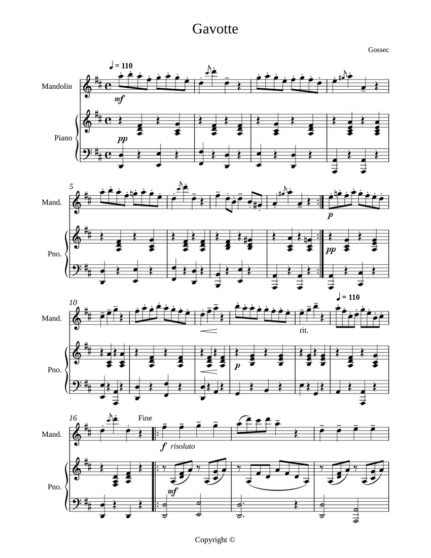Gavotte – François Joseph Gossec 0417 Gavotte Sheet music for Piano ...