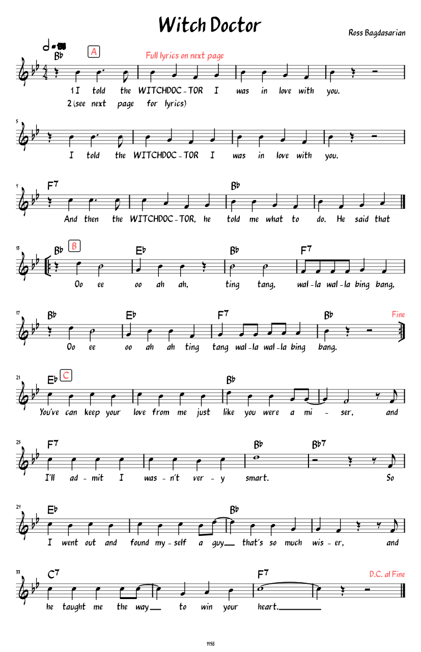 Witch Doctor (Lead sheet with lyrics ) Sheet Music with Chords for ...