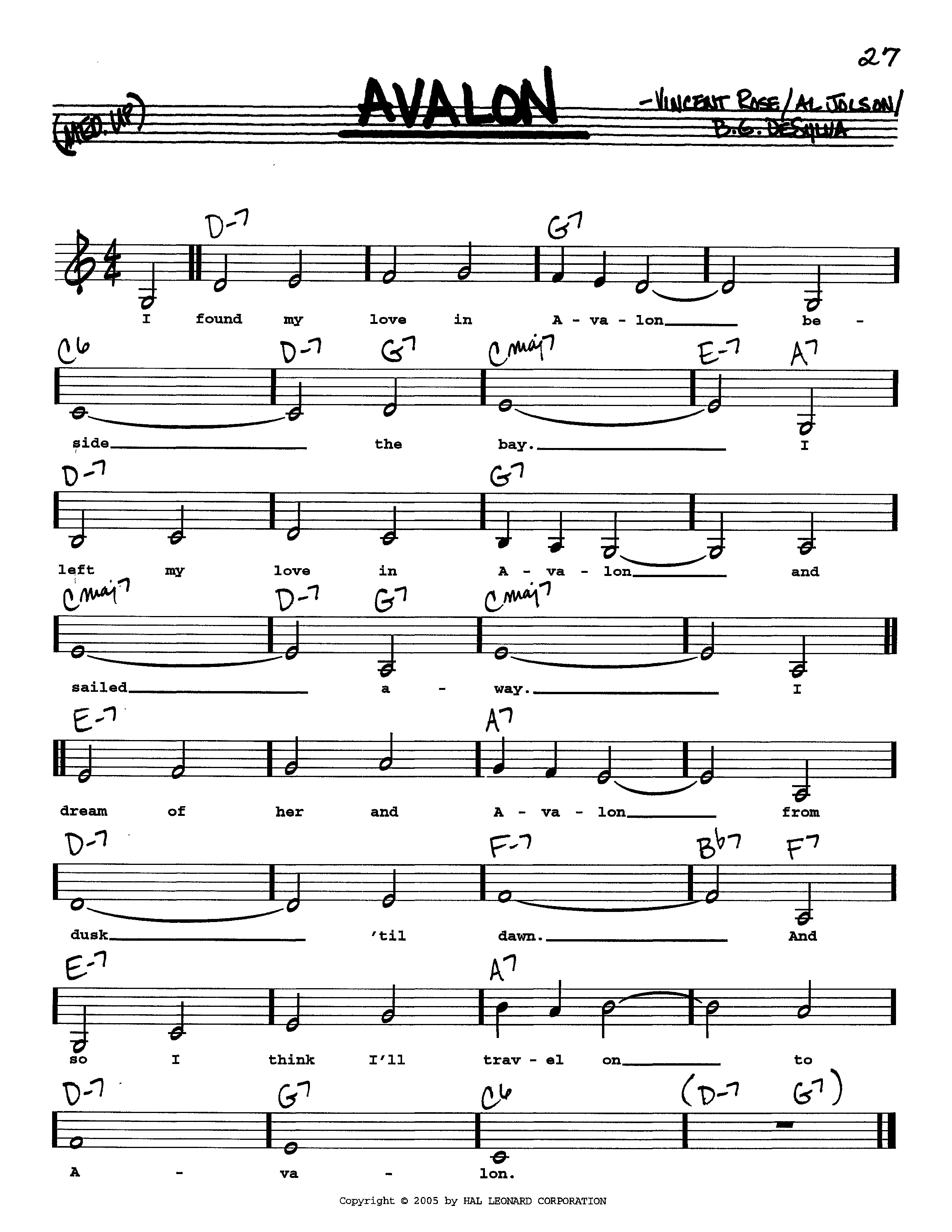 Avalon (Low Voice) Sheet music for Piano, Vocals by Al Jolson, BG ...