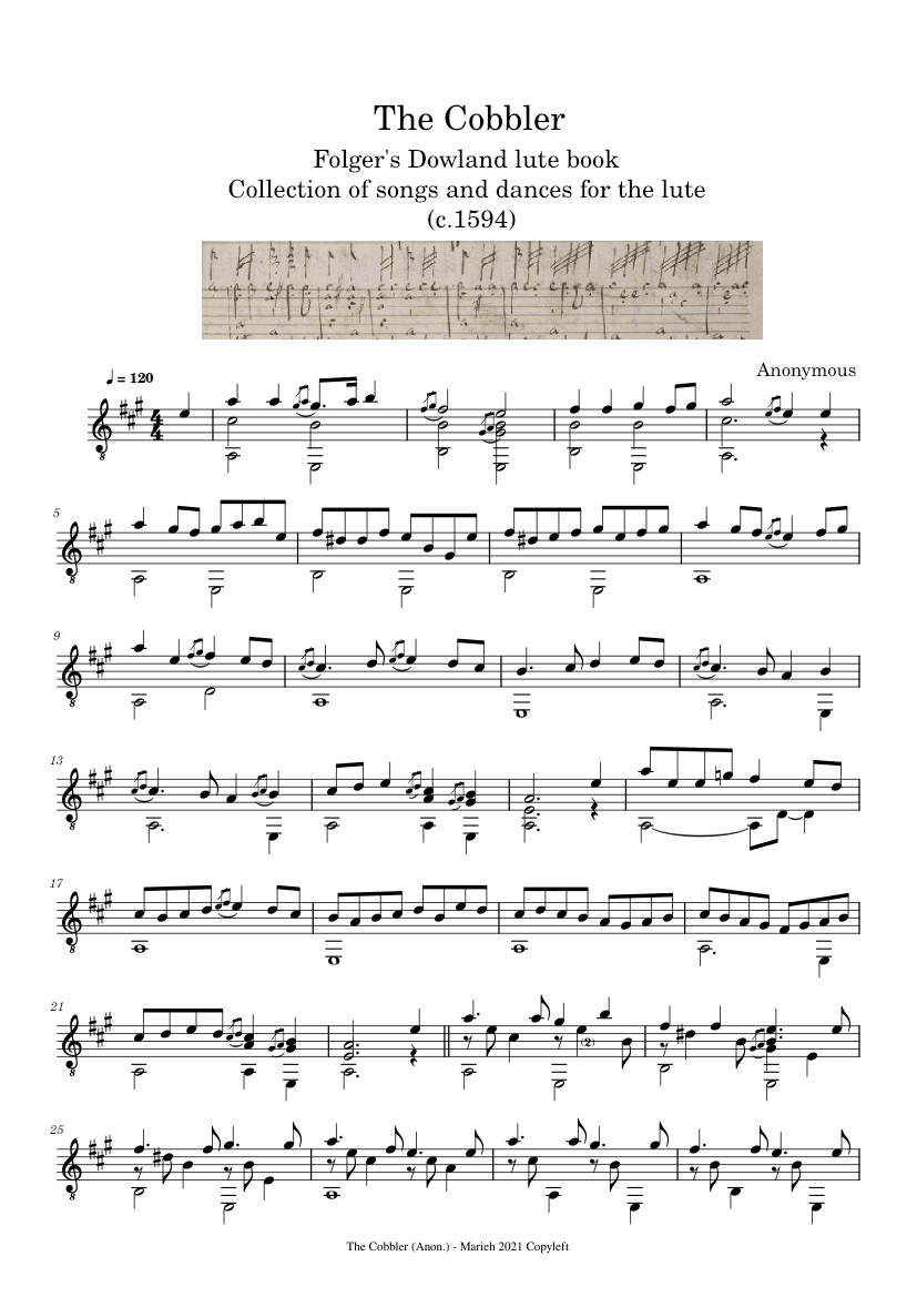 The Cobbler – Anonymous (16e siècle) Sheet music for Guitar (Solo ...