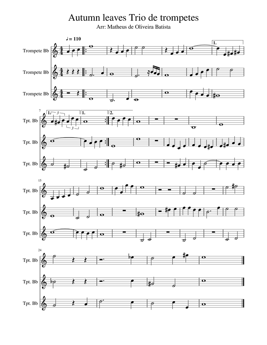 Autumn leaves three trumpets Sheet music for Trumpet in b-flat (Mixed ...