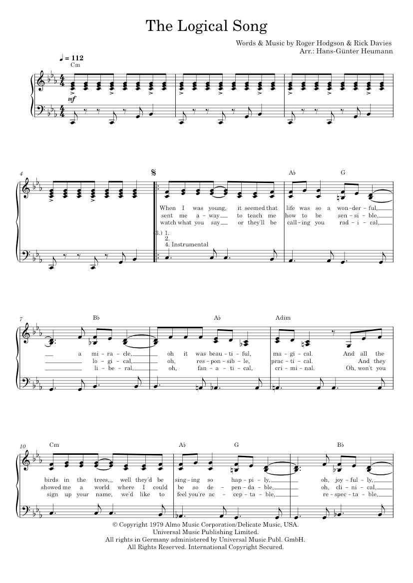 The Logical Song Sheet music for Piano by Supertramp Official ...