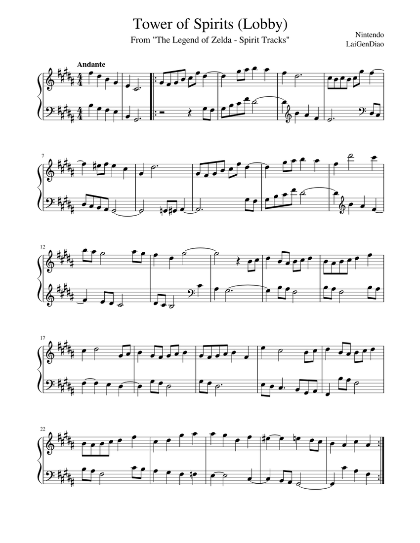 Tower of Spirits (Lobby) – Koji Kondo Tower of Spirits Lobby Sheet ...