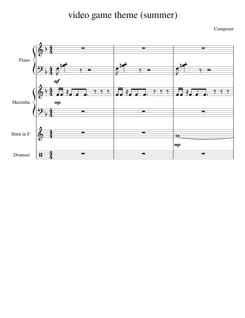 summer theme [video game] Sheet music for Piano, French horn, Drum ...