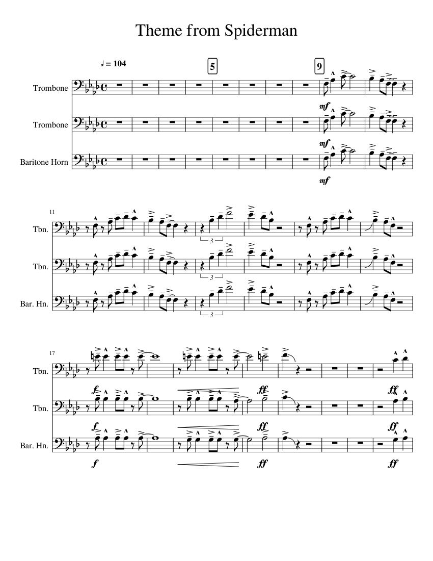 Theme from Spiderman Sheet Music for Trombone, Baritone horn (Mixed ...