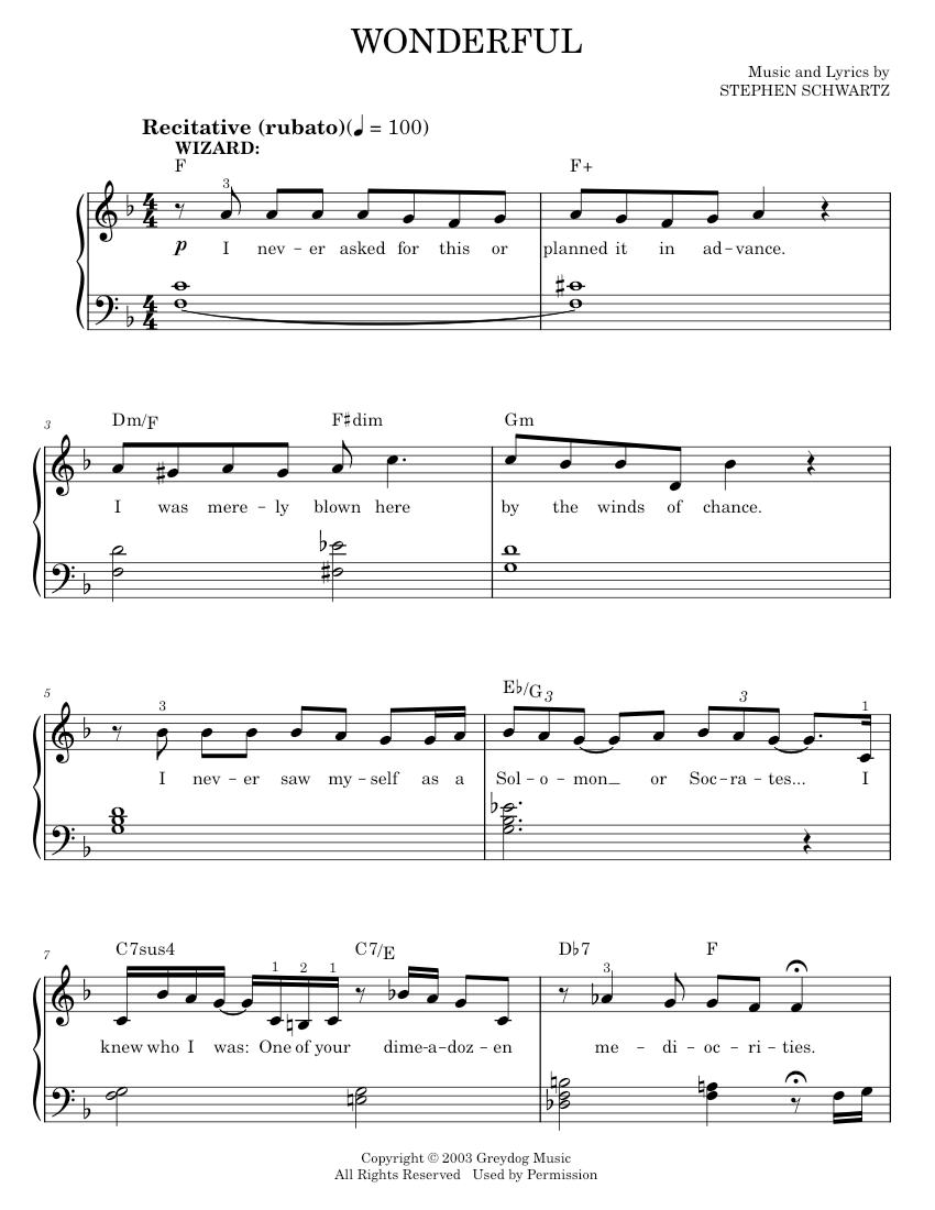 Wonderful (from Wicked) Sheet music for Piano by Stephen Schwartz ...