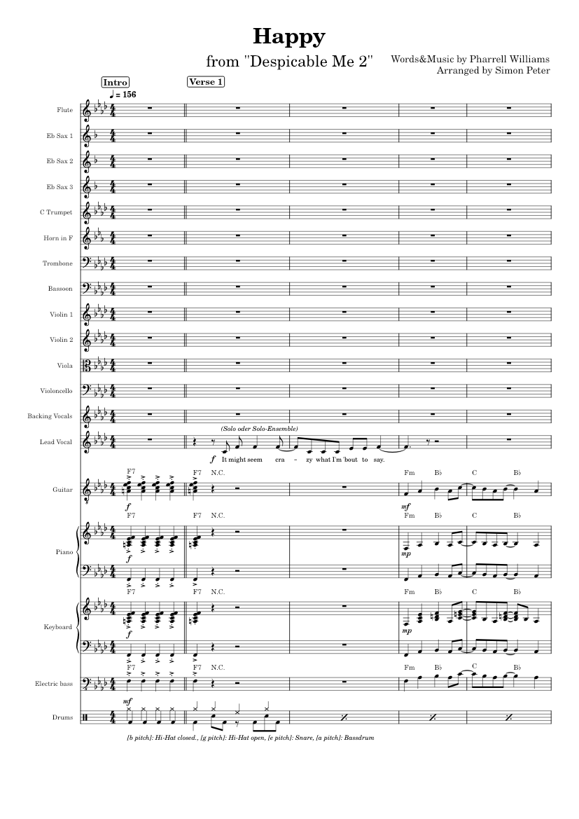 Happy – Pharrell Williams Sheet Music with Chords for Piano, Trombone ...