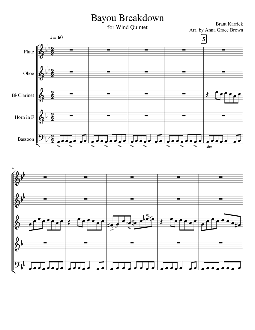 Bayou Breakdown for Wind Quintet Sheet music for Flute, Oboe, Clarinet in b-flat, Bassoon & more ...