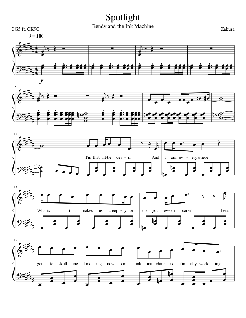 CG5 ft. CK9C - Spotlight (Bendy and the Ink Machine Song) Sheet Music ...