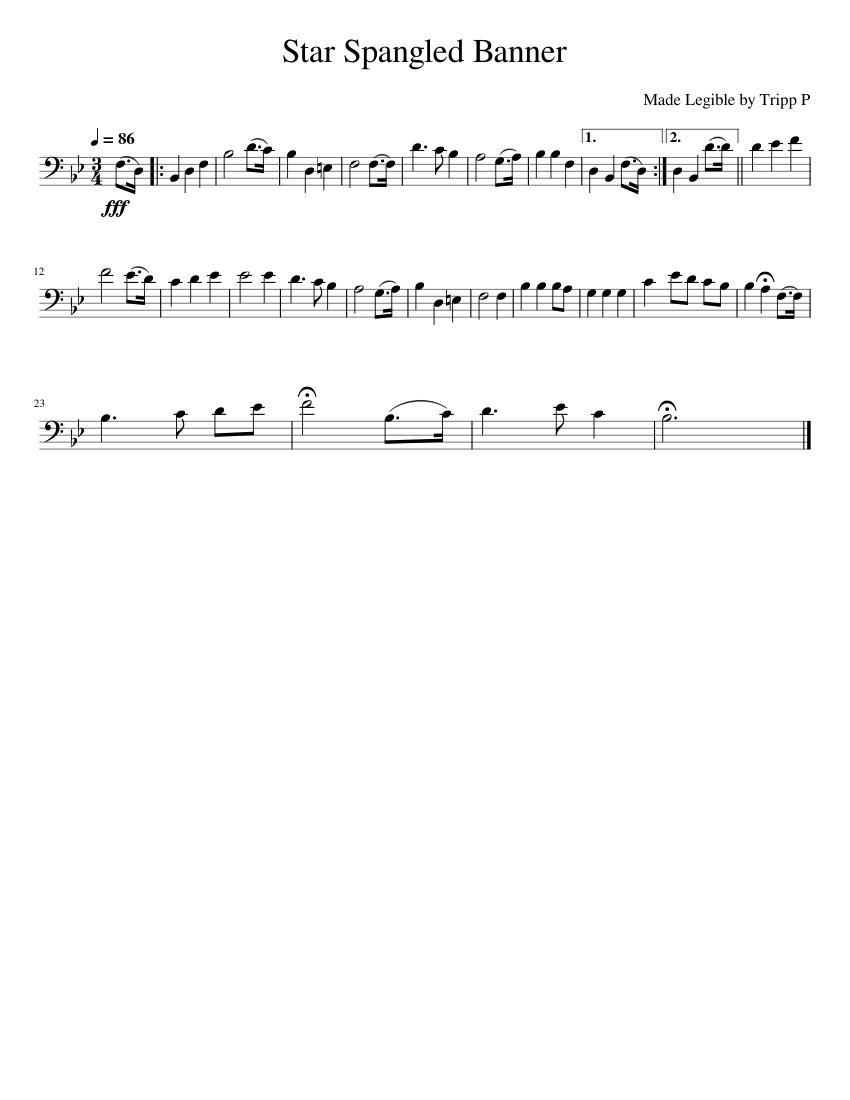 The Star Spangled Banner – John Stafford Smith (Bass Clef) Sheet Music ...