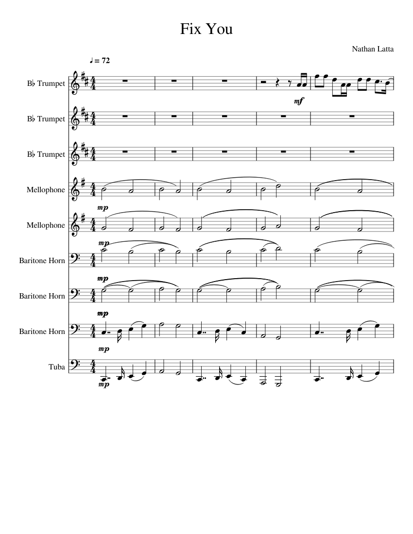 Fix You Sheet Music for Tuba, Mellophone, Trumpet in b-flat, Baritone ...