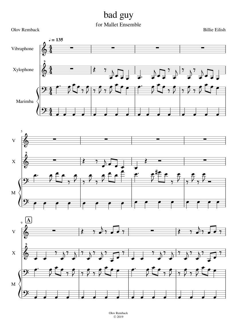 bad guy Sheet music for Vibraphone, Marimba, Xylophone (Percussion Trio ...