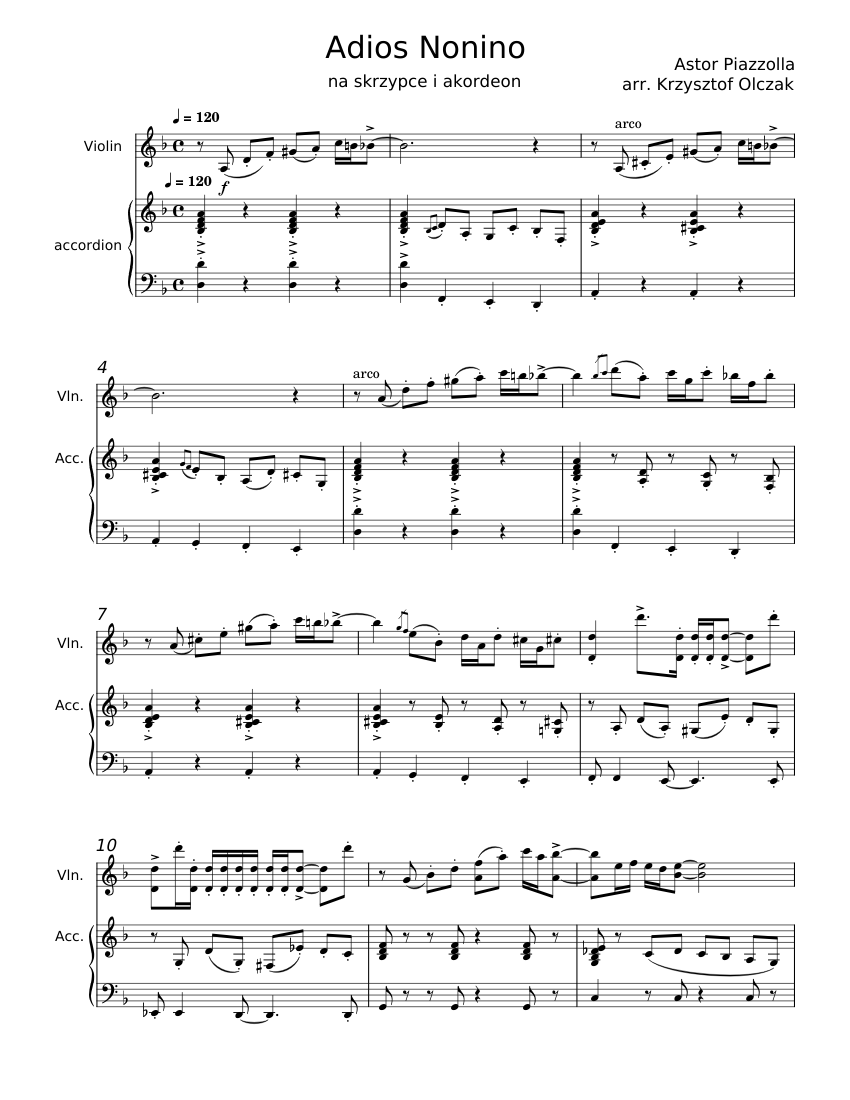 Adiós nonino - Astor Piazzolla Sheet Music for Accordion, Violin (Mixed ...