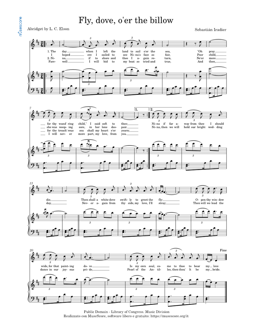Fly, dove, o'er the billow Sheet music for Piano, Vocals (Piano-Voice ...