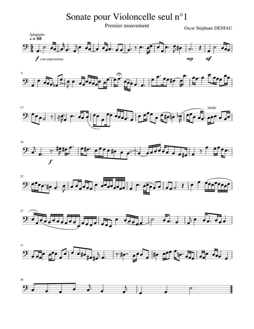 Sonate pour Violoncelle seul - 1er mouvement Sheet music for Cello ...