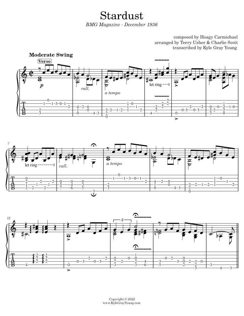 Stardust – Hoagy Carmichael (1936 plectrum guitar tablature) Sheet music for Guitar (Solo ...