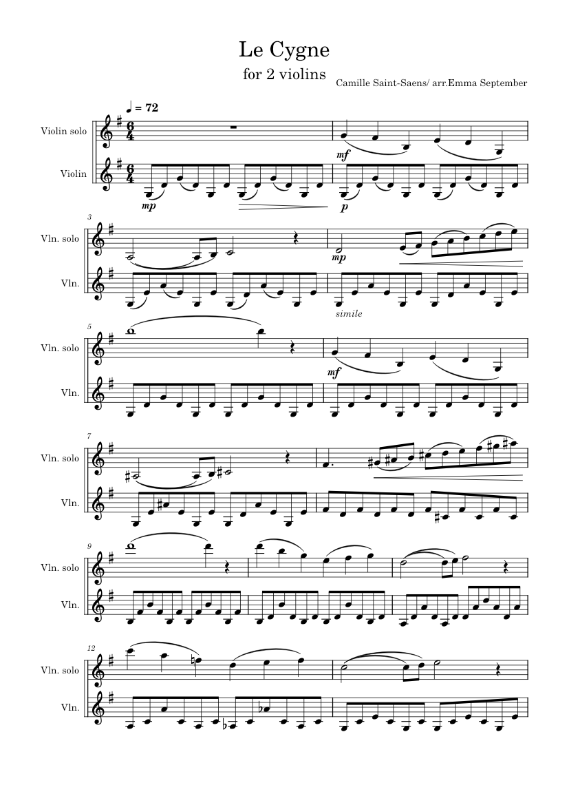 Le cygne – Camille Saint-Saëns Le_Cygne Sheet music for Violin (String Duet) | Musescore.com